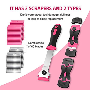 Ywmoml 3 Pack Razor Blade Scraper, Plastic Razor Blade Scraper, Scraper Tool with Extra 30 Plastic Razor Blades and 30 Metal Blades, Razor Scraper for Gum, Cooktop, Wallpaper or Glass Tool (Pink)
