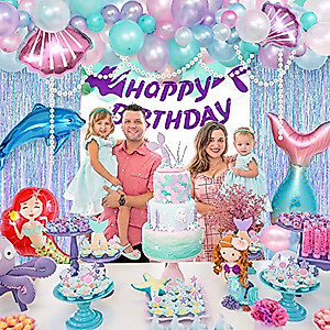 Winrayk 102Pcs Little Mermaid Birthday Decorations Party Supplies Girl Mermaid Balloon Arch Fringe Curtain Pearl String Birthday Banner Dolphin Shell Mermaid Tail Ocean Ariel Mermaid Party Decorations