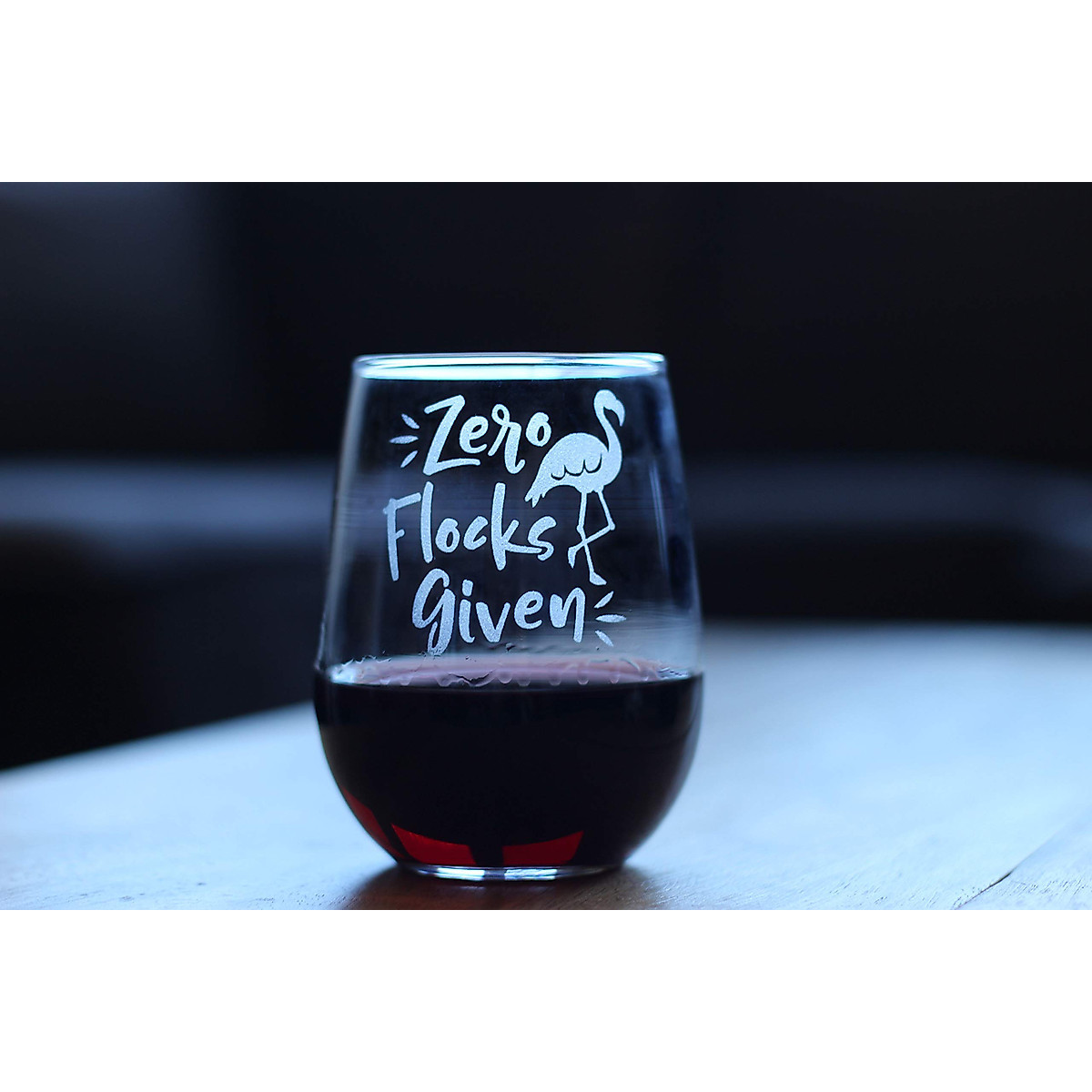 Zero Flocks Given – Cute Funny Flamingo Stemless Wine Glass, Large 17 Ounce, Etched Sayings, Gift Box