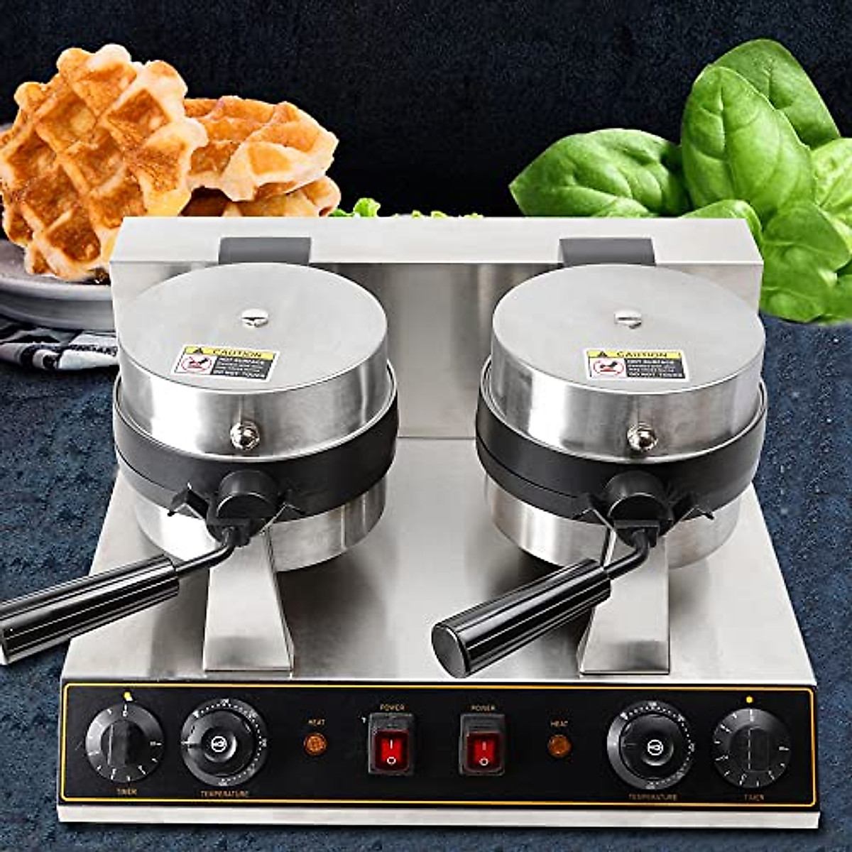 Commercial Dual-Head Rotating Non-Stick Round Belgian Waffle Maker - 1500W 7 Inch Stainless Steel Waffle Iron Machine for Restaurant or Bakery - Temperature and Time Control, 110V
