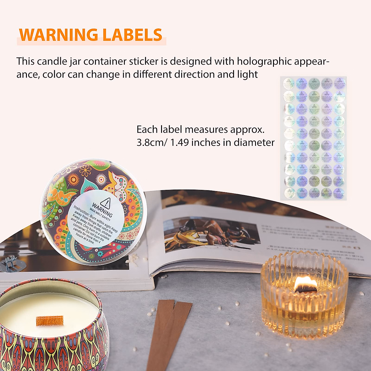 Ziosxin 100 Pcs Smokeless Cherry Wood Candle Wicks, Long Lasting Flame, Easily Burn, Candle Cores with Stand and Glue Dot, Warning Label for DIY Candle Making