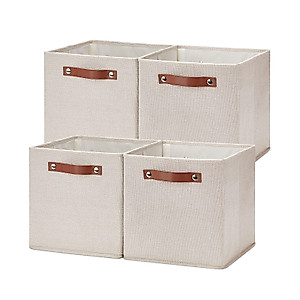 Temary 11x11 Storage Cubes Fabric Storage Cubes Storage Bins with Dual Leather Handles Canvas Storage Boxes for Organizing Home, Office, Nursery, Shelf, Closet (Beige, 11 x 11 x 11)