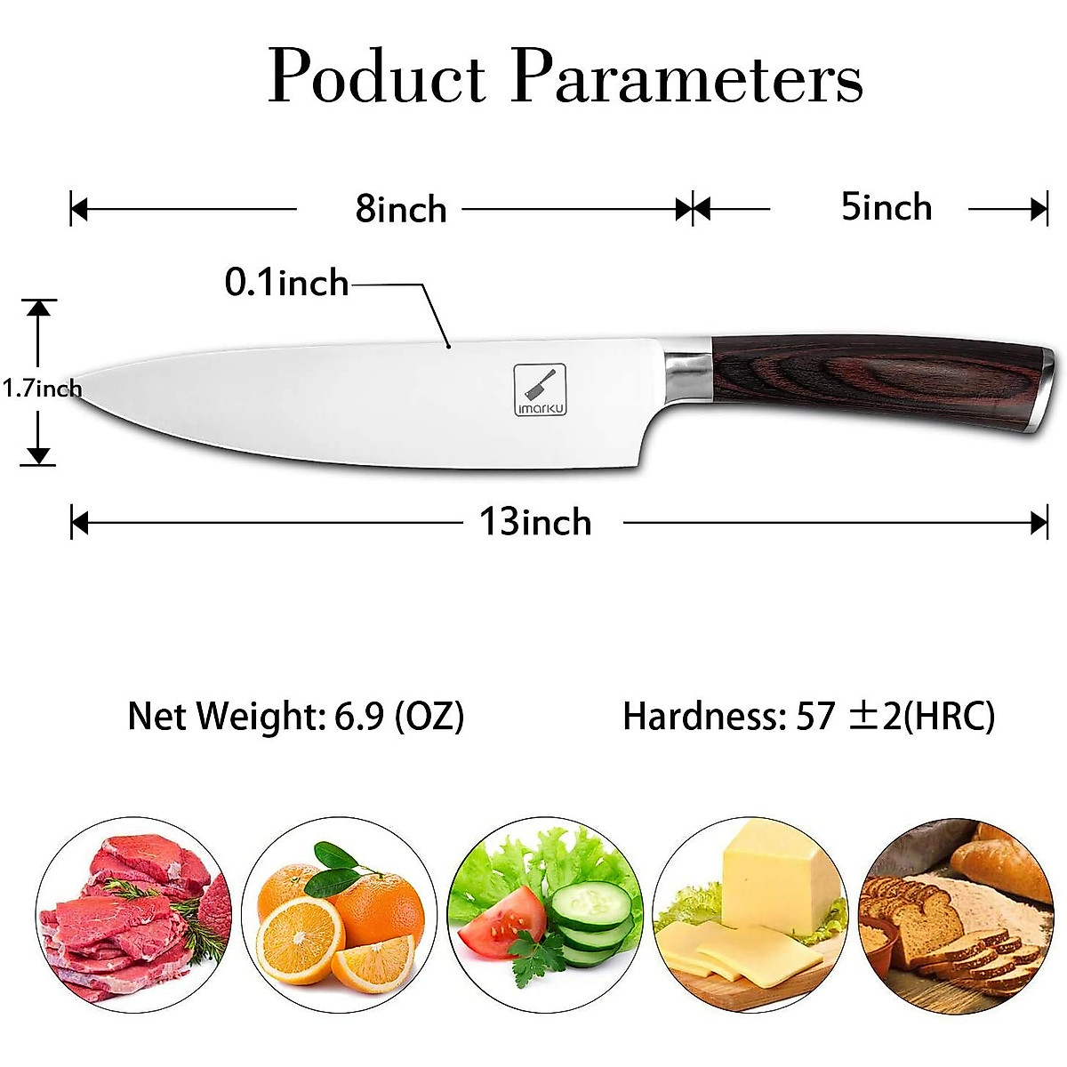 imarku Chef Knife - Pro Kitchen Knife 8 Inch Chef's Knives Japanese SUS440A Stainless Steel Sharp Paring Knife with Ergonomic Handle (Brown Handle)