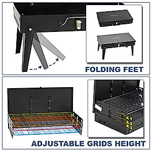 HOMFUL Charcoal Grills Portable Camping Grill Folding BBQ with 8 Pcs Barbecue Accessories with Lid 3-level Height Adjustment for 3 to 5 people for Outdoor Hiking Party Park Beach, Black