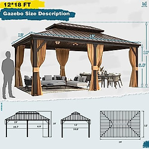 MELLCOM 12'x18' Hardtop Gazebo, Galvanized Steel Metal Double Roof Aluminum Gazebo with Curtain and Netting, Brown Permanent Pavilion Gazebo for Patio, Lawn & Garden