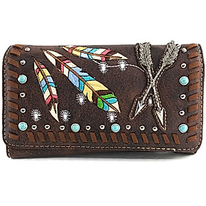 Justin West Native Color Feather Arrow Turquoise Stud Weave Fringe Conceal Carry Shoulder Handbag Purse | Trifold Wallet (Brown Wallet Only)
