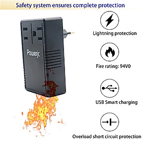 Powerjc Travel Voltage Converter Adapter Power Step Down 220V to 110V 2000W with 2 Outlets and 2 Smart USB Charging Ports Black