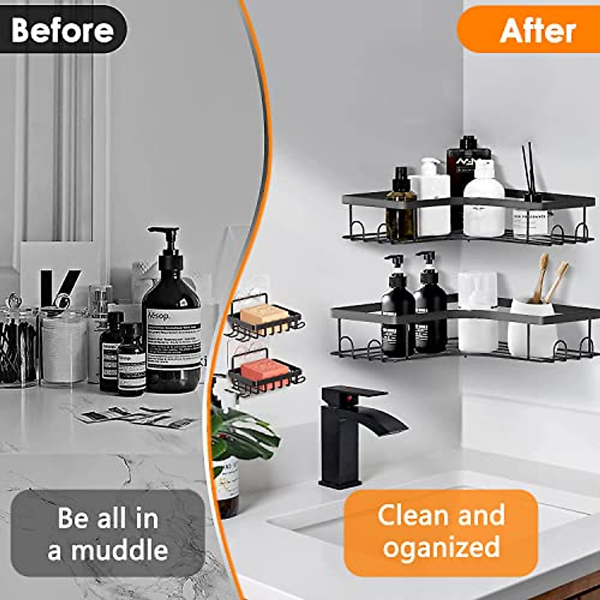 Corner Shower Caddy, 4-Pack Adhesive Bathroom Organizer with Soap Holder & 12 Hooks, Shower Organizer, Rustproof Stainless Steel Shower Organizer, No Drilling Shower Shelves for Bathroom/Kitchen