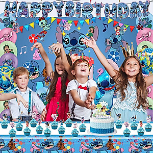 Cartoon Birthday Party Decorations Include Birthday Banner, Balloons, Backdrop, Cupcake Toppers, Hanging Swirls, Tablecloth, Cartoon Birthday Party Supplies