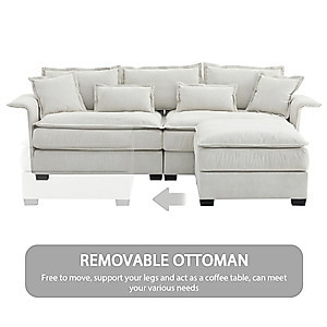 Tmsan 95" L Shaped Sectional Sofa with Ottoman, 3 Seat Cloud Couch with Double Cushions & Bentwood Armrests, Deep Seat Couches for Living Room, Beige Tech Cloth