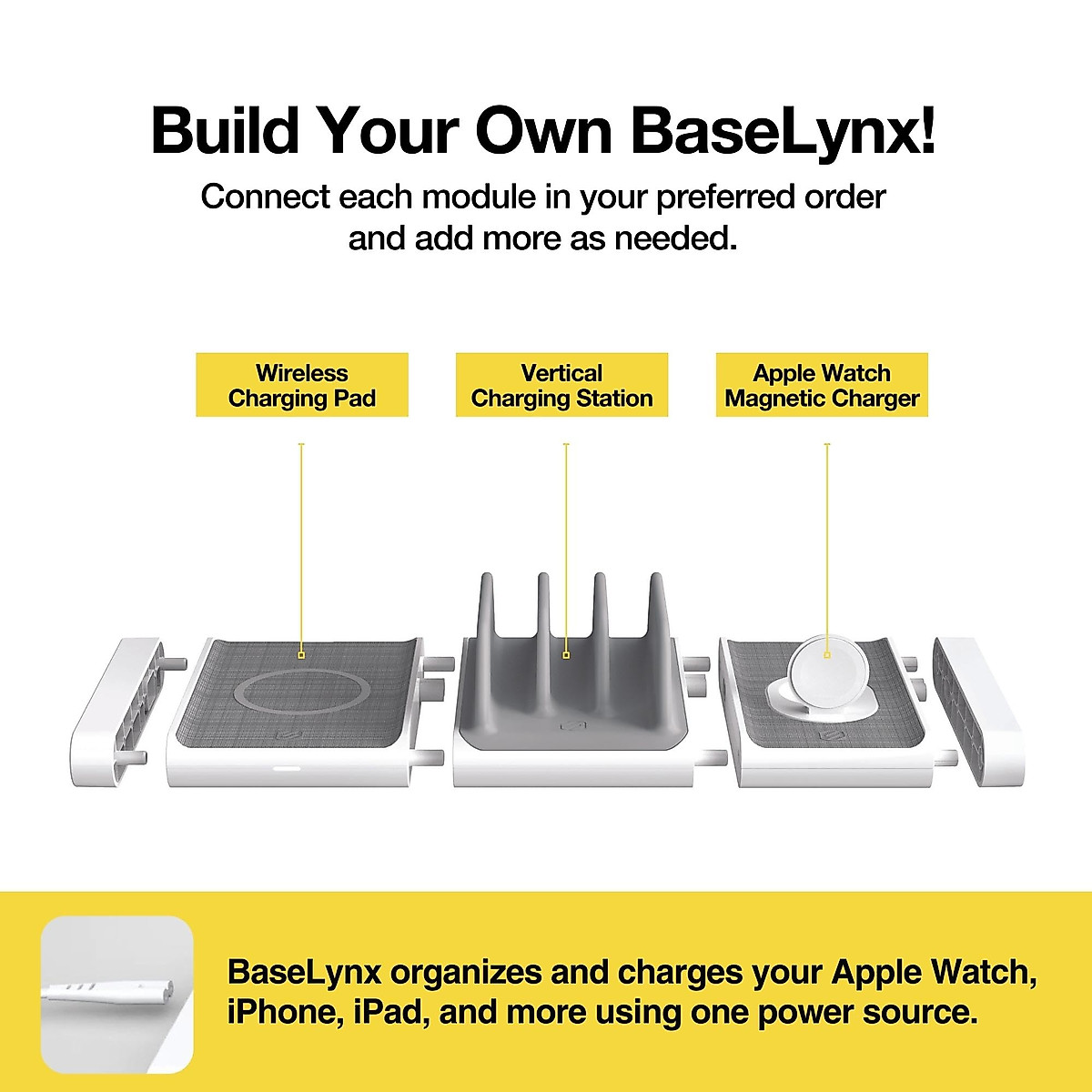 Scosche BLKIT1WT BaseLynx Modular Charging System - Wireless Charging Station with Apple Watch Charger - Qi-Certified Charger - Multi Device Charging Station with USB Ports for Portable Devices, White