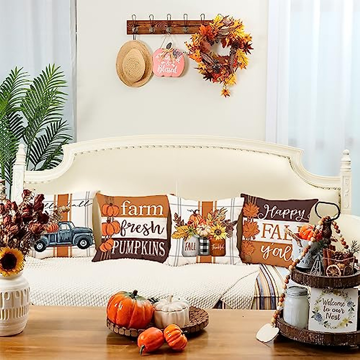 GEEORY Fall Pillow Covers 18 x 18 Inch Set of 4, Happy Fall Y'all Stripes Pumpkins Mason Jar Thankful Decor, Cushion Cases for Farmhouse Home Party Sofa Couch (Brown) G355-18