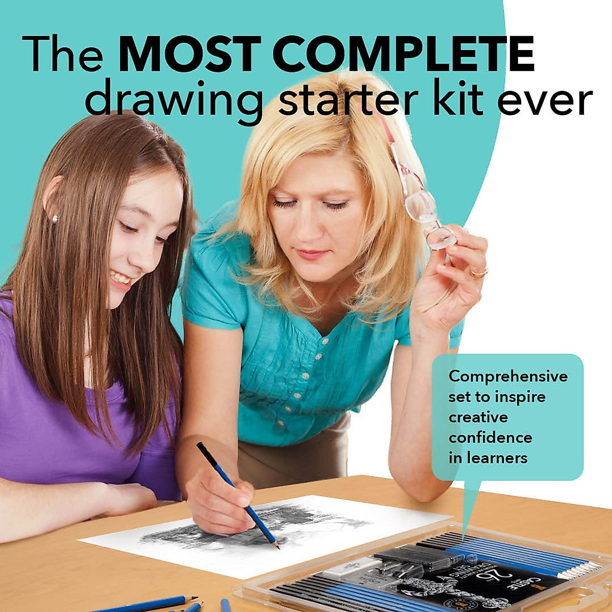 Castle Art Supplies 26 Piece Premium Drawing and Sketching Set | For Artists, Professionals or Beginners | Pencils, Charcoal, Graphite and More | Arranged in Carry-Anywhere Clamshell Case