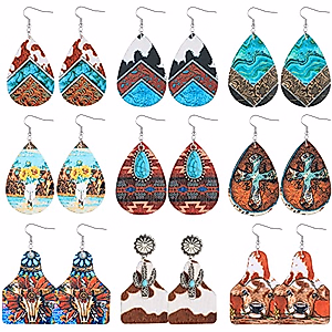 CHISOONBANNER Western Earrings for Women Earrings Set Boho Vintage Handmade Bohemian Turquoise Cow Print Leather Wood Teardrop Dangle for Women 4/6/9pairs