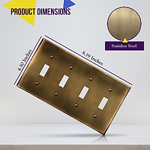 ENERLITES Quad Toggle Light Switch Metal Cover Plate, Stainless Steel Wall Plate, Corrosion Resistant, Standard Size 4-Gang 4.50" x 8.19", Stainless Steel 201, 7714-AB, Antique Brass