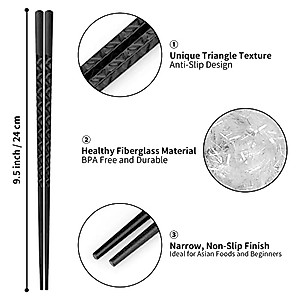 Ohtomber Black Fiberglass Chopsticks Reusable - 10 Pairs 9.5 Inch Chop Sticks Pack Reusable Dishwasher Safe, Japanese Style Non-Slip chopstick