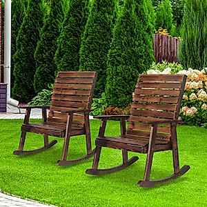 FURNDOOR Outdoor Rocking Chairs Set of 2, Patio Wood Rocker Chairs High Back 2PCS Rocking Chairs for Deck, Garden, Backyard, Porch