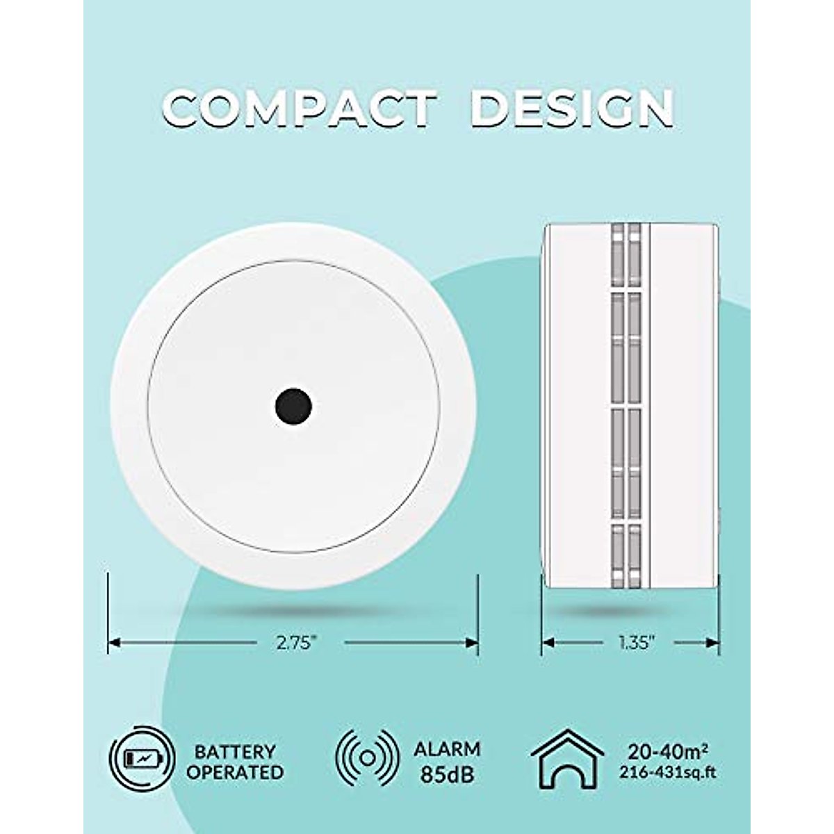 Ecoey Small Smoke Detector Alarm, 10 Year Fire Alarms Smoke Detectors with Built-in 3V Battery, Smoke Alarm with Big Test Button and Silence Function for House, FJ135, 2PACK