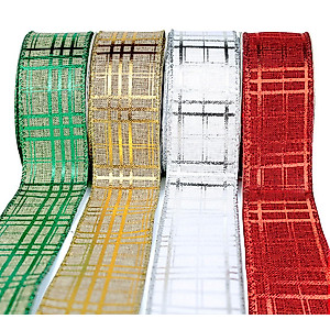 Wired Christmas Ribbon for Tree Plaid Ribbons Set Burlap Xmas Thick 2.5 Inch 4 Rolls 24 Yards for Decorating Trees Gift Wrapping Wreaths Bows Perfect for Tree Topper Wreath Mailbox Staircases