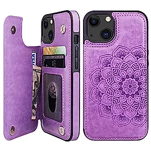 Vaburs Compatible with iPhone 13 Case Wallet with Card Holder, Embossed Mandala Pattern Flower PU Leather Double Buttons Flip Shockproof Cover for Magnetic Car Mount 6.1 Inch (Purple)