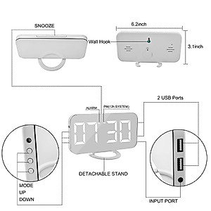SZELAM Digital Clock Large Display, LED Electric Alarm Clocks Mirror Surface for Makeup with Diming Mode, 3 Levels Brightness, Dual USB Ports Modern Decoration for Home Bedroom Decor-White