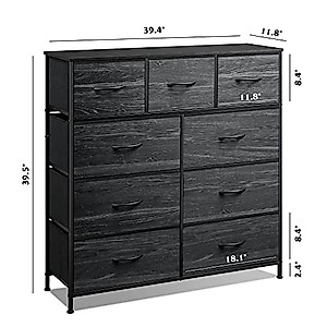 WLIVE 9-Drawer Dresser, Fabric Storage Tower for Bedroom, Hallway, Nursery, Closet, Tall Chest Organizer Unit with Fabric Bins, Steel Frame, Wood Top, Easy Pull Handle, Charcoal Black Wood Grain Print