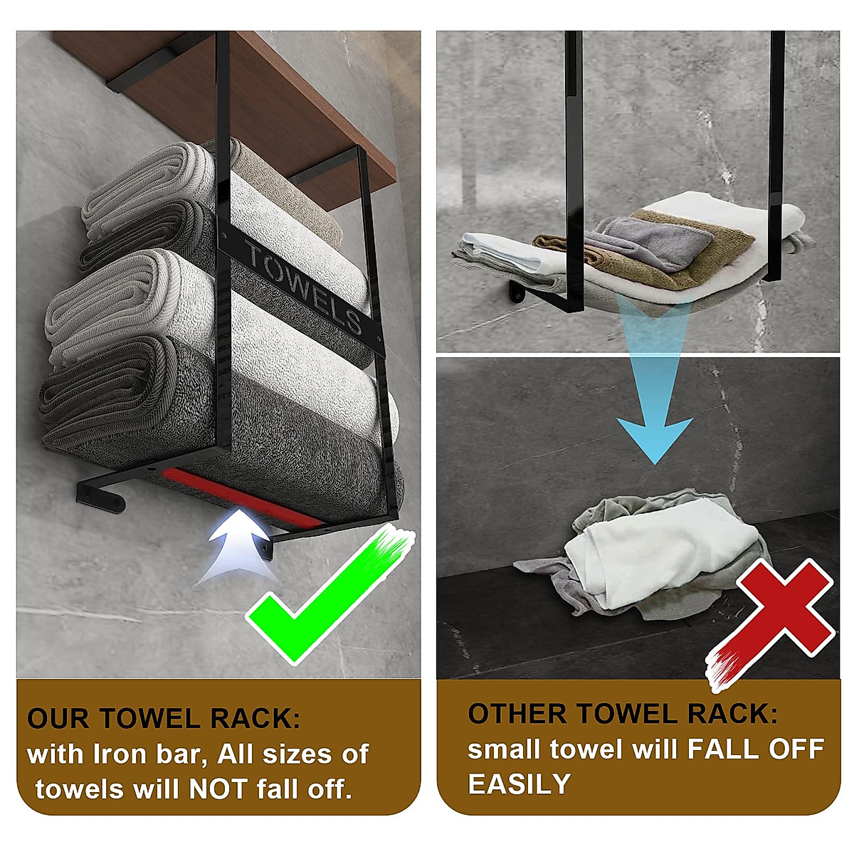 Towel Rack, ZUJJAFY Racks for Bathroom Storage Wall Mounted Holder Decor, Bath Organizer with Wooden Shelf and Hooks Rolled Towels Matte Black With ''Towels'' Logo