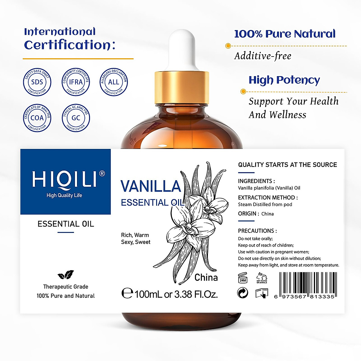 HIQILI Vanilla Essential Oil, Undiluted Natural Strong Fragrance Add in Skin Perfume, Unscented Lotion, Candle Soap Making Scent, Relax at Home with Diffuse Warm Sweet Aroma-100ML