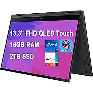 SAMSUNG Galaxy Book Flex2 Alpha 2-in-1 13 Laptop 13.3" FHD QLED 400nits Touchscreen 11th Gen Intel Quad-Core i7-1165G7 16GB RAM 2TB SSD Fingerprint Backlit Keyboard Dolby Atmos USB-C Win10 Black