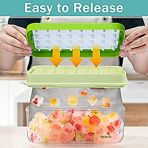 TEBLEI Ice Cube Tray with Lid and Bin, 64 Pcs Silicone Ice Cube Trays for Freezer, Easy Release & Save Space, 2 Ice Trays with Tongs and Scoop, for Whiskey, Cocktail | BPA Free