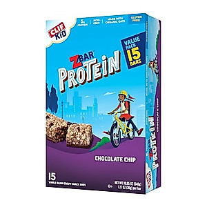 CLIF Kid Zbar Protein - Chocolate Chip - Crispy Whole Grain Snack Bars - Made with Organic Oats - Non-GMO - 5g Protein - 1.27 oz. (15 Pack)
