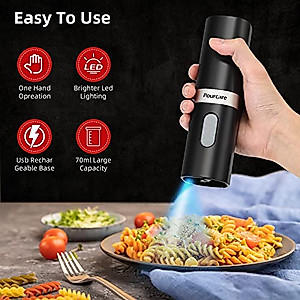 Pourcare Electric Salt and Pepper Grinder Mill Set,Adjustable Coarseness One-hand Automatic Operation,Charging Base Rechargeable Battery Powered with LED Light,Stainless Steel Black 2 Pack