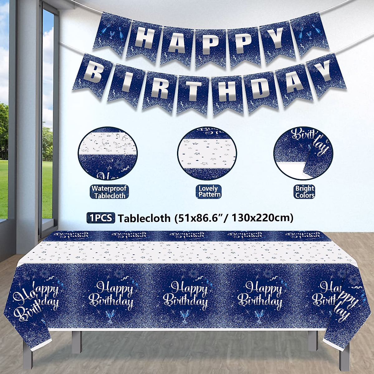 Navy Blue and Silver Birthday Supplies, Blue Birthday Party Decorations for Men, Women, Includes Happy Birthday Banner, Tablecloth, Plates, Napkins, Cups and Straws, Serves 20 Guest