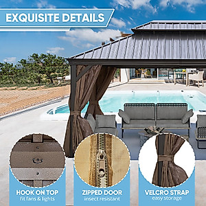 12’ X 12’ Hardtop Gazebo Double Roof Galvanized Steel Combined of Vertical Stripes Canopy Outdoor Aluminum Frame Patio Permanent Metal Pavilion with Nettings and Curtains for Deck Backyard Lawn Garden