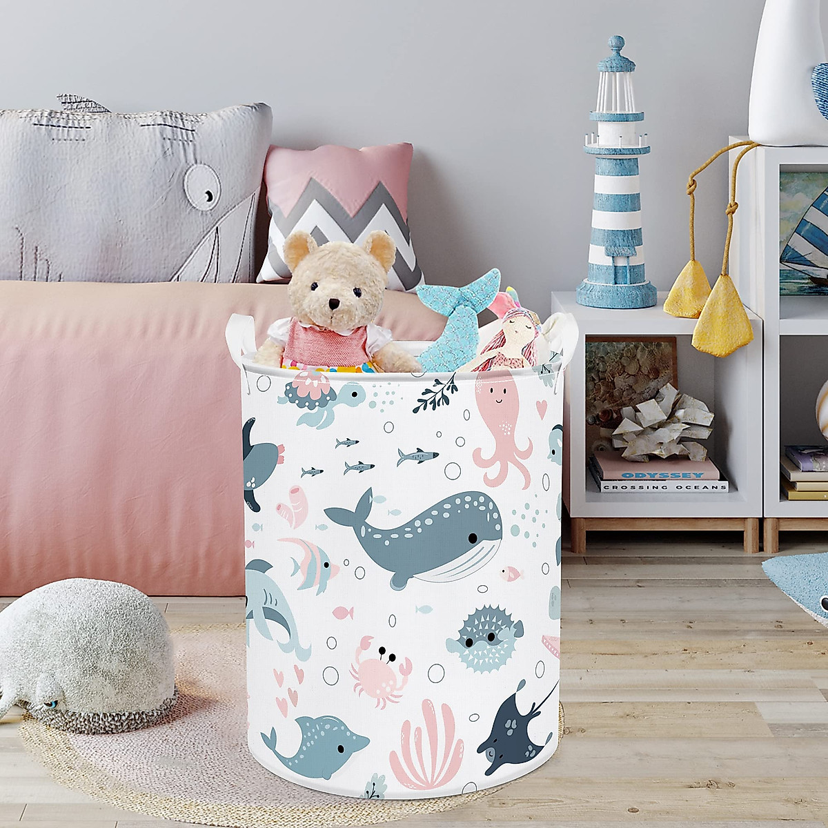 Clastyle 45L Marine Animals Bubbles Kid Laundry Basket with Lid Foldable Sea Shark Mermaid Dirty Clothes Hamper Round Toy Clothes Pool Beach Towel Basket