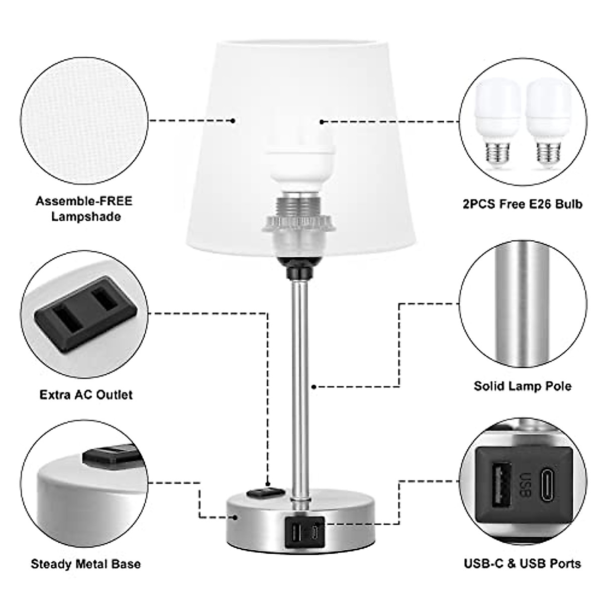 Table Lamps for Bedrooms Set of 2 Bedside - Nightstand Bedroom Lamp with USB C Port and AC Outlet Charging, Dimmable Touch Small End Side Lamp, White Night Stand Light for Kid/Guest Room/Living Room