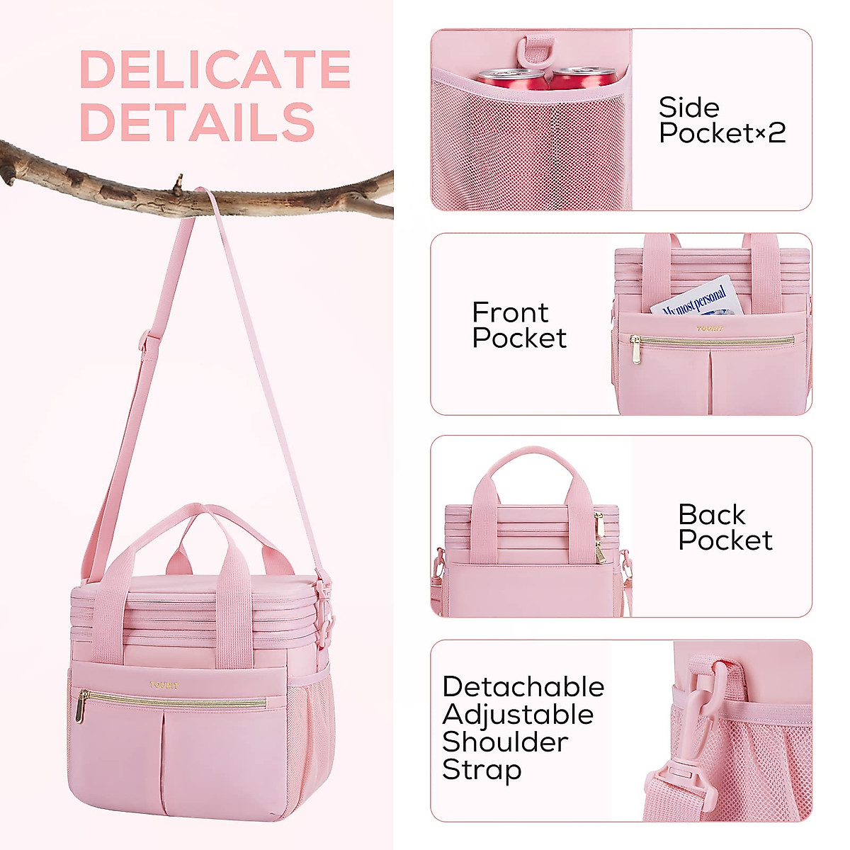 TOURIT Lunch Box for Women Men Double Deck Insulated Lunch Bag Women Expandable Leakproof Reusable Lunch Cooler Bag for Work, Office, Picnic, Pink