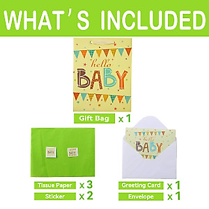 13" Large Light Yellow Gift Bag Set with Greeting Card and Green Tissue Paper(Hello Baby) for Baby Shower,Kids Birthday Party,Baby Boy or Girl, Newborn,New Moms or Parents 10.2”x5.2”x13”, 1 Pcs