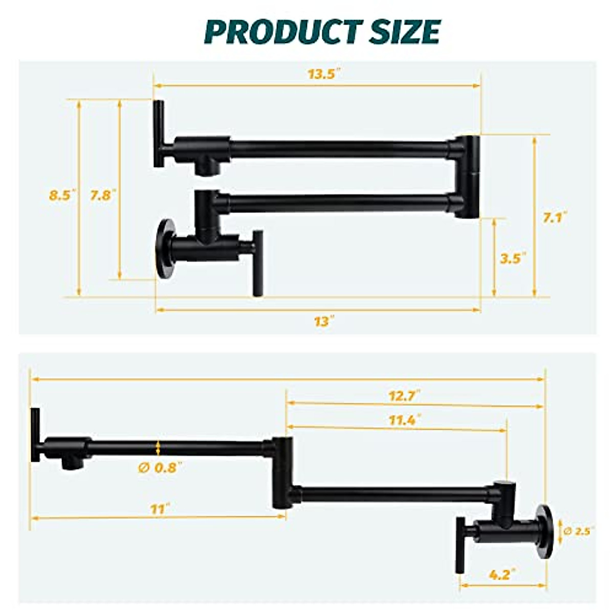 Pot Filler Faucet, Solid Brass Commercial Pot Filler Wall Mount Kitchen Stove Faucet Folding Restaurant Sink Faucet with Joint Swing Arm & Handles (Black)