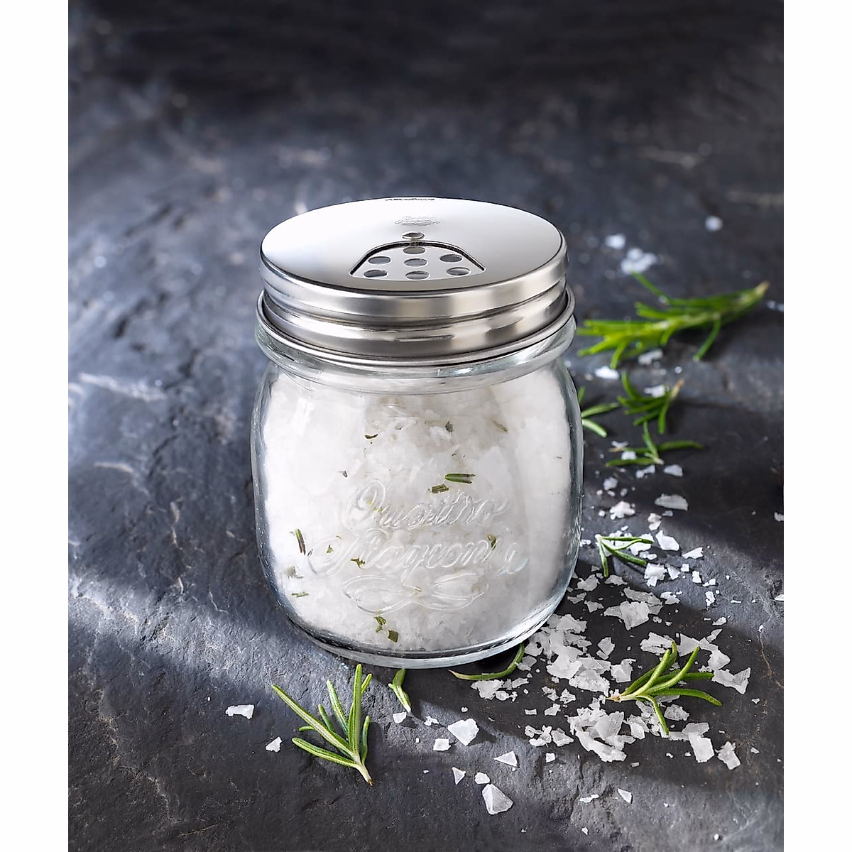 Bormioli Rocco Quattro Stagioni Spice Jar Set - 8.5 Oz, Durable Glass Mason Jars with Multi-Function Rotatable Lids, Stainless Steel Tops for Salt & Pepper - Made in Italy, Glass Spice Jars