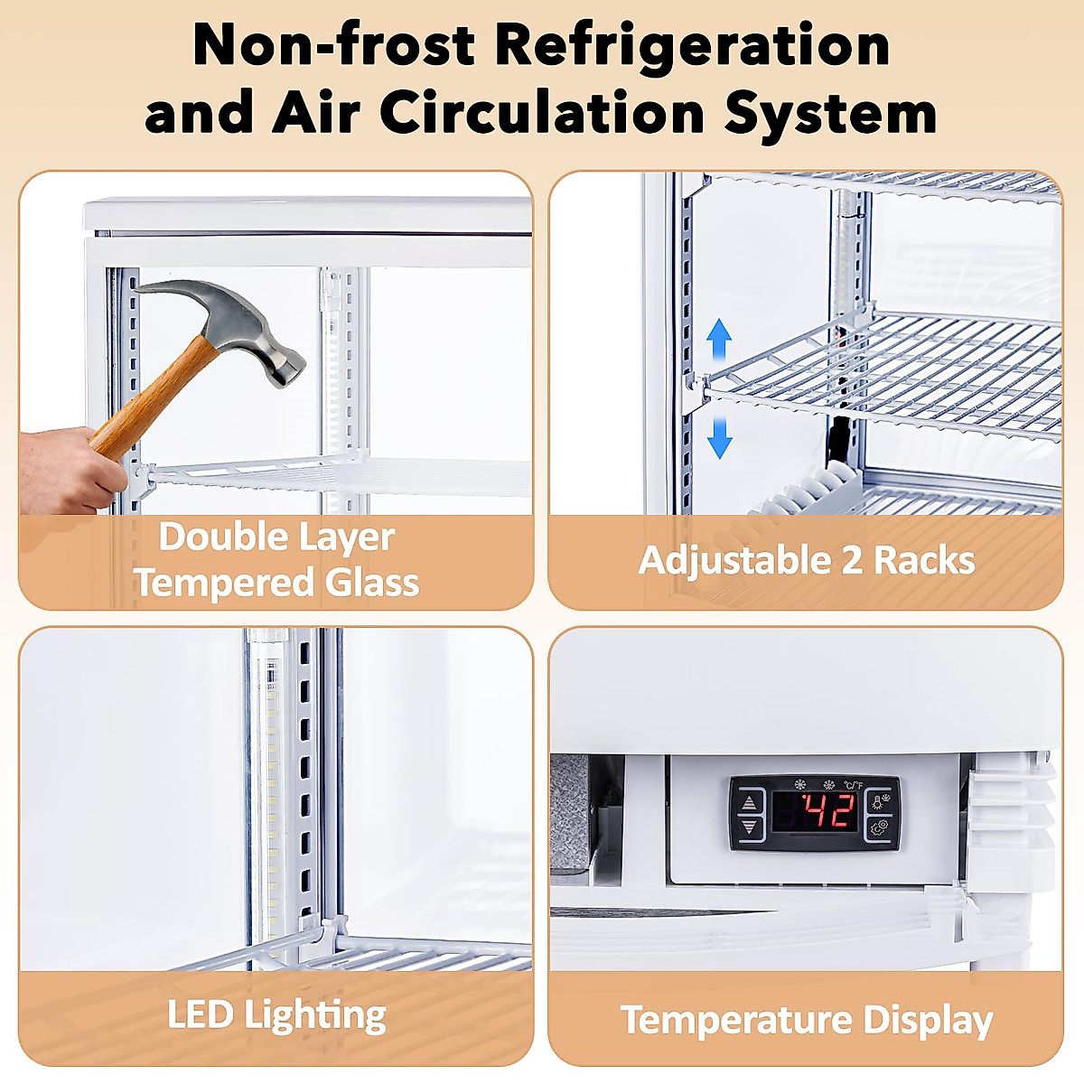 Takywep Commercial Refrigerator Display Case 2 Cu.FT, Two Glass Door Display Refrigerator Display Fridge, Countertop/Floor Refrigerator with LED Lighting, Adjustable Shelves, Double-Layered Glass