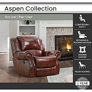 Hanover Aspen Rocker Recliner Chair, 100% Genuine Leather Deep-Seating Rocker for Living Room, Family Room, Den, or Man Cave, Space Saving Cushioned Rustic Armchair, Oxblood