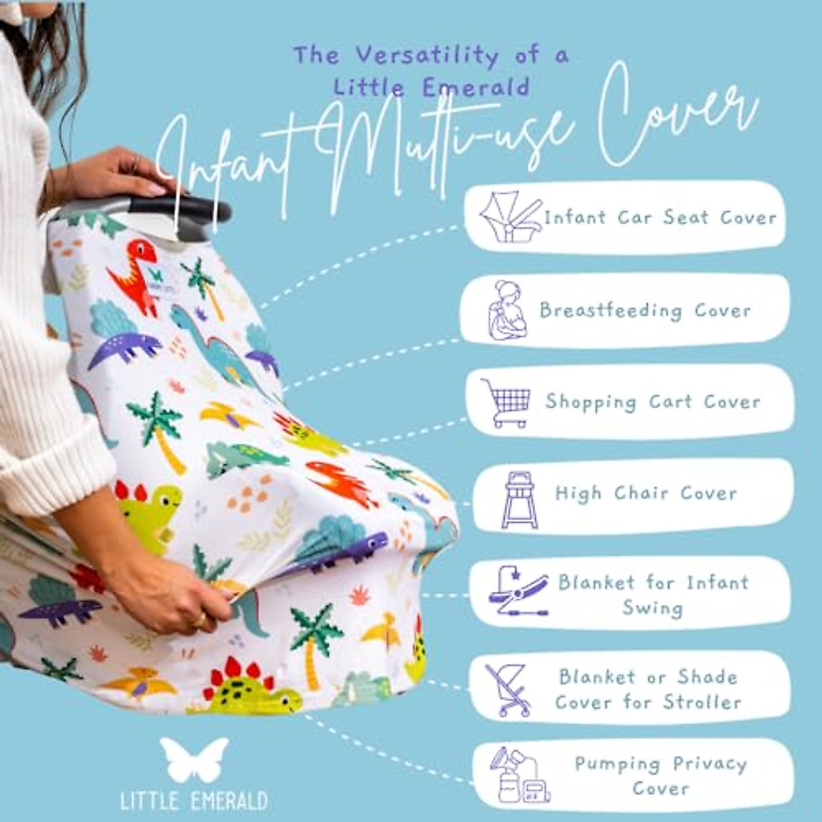 Little Emerald 7-in-1 Multi-use Cover - Privacy for Breastfeeding & Pumping, Baby Car Seat, Carrier, Stroller, High Chair, Shopping Cart, Lounger Canopy, Newborn Essentials (Dinosaur)