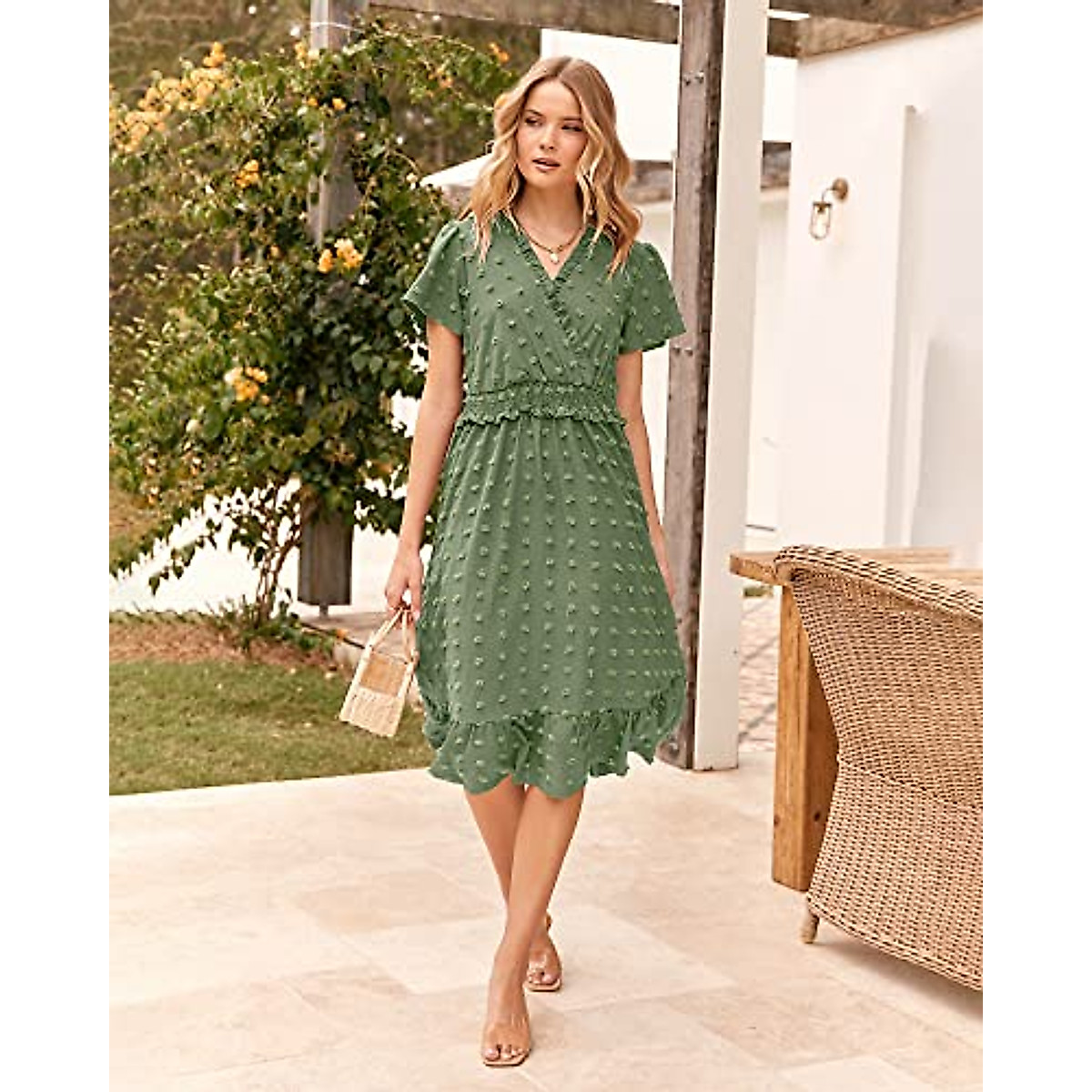 BTFBM Elegant Short Sleeve V Neck Swiss Dot Midi Summer Dresses for Women 2023 Boho Ruffle Long Dresses Ruffle Cocktail Dress（Solid Green,X-Large