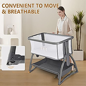 JOYMOR Bedside Sleeper Rocking Bassinet, Height Adjustable Breathable Net Bed Side Baby Cribs with Washable Mattress,Mosquito Net,Storage Basket for Infants, Gray
