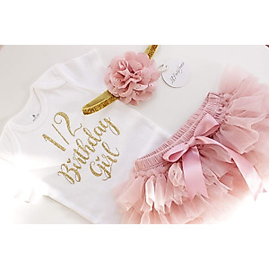 LilPinkGoose Baby Girl Half Birthday Outfit 1/2 Birthday Girl Outfits (Dusty Rose Short Sleeve, 6 Months)