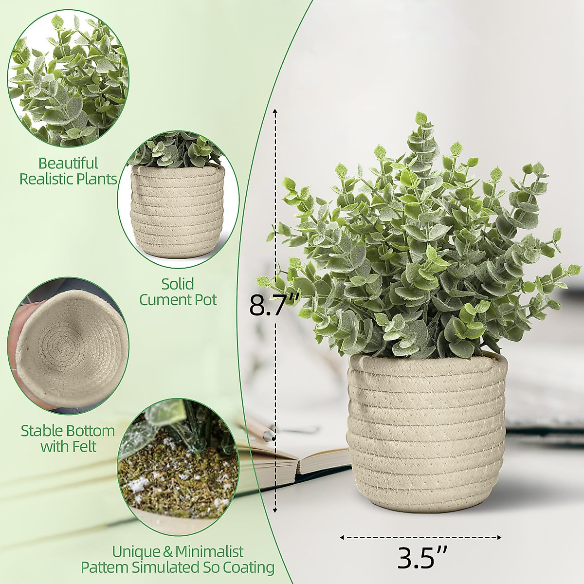 Hopewood Faux Plants, Fake Plants Eucalyptus Potted for Home Office Desk, Artificial Eucalyptus with a Weave Basket for Indoor Greenery Tabletop