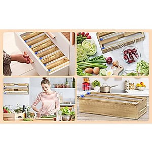 2 in 1 Wood Plastic Wrap Dispenser with Cutter, Foil Plastic Wrap Roll Organizer for Kitchen Drawer, Aluminum Foil, Wax Paper, Parchment, Saran Wrap Dispenser for Organization and Storage
