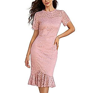 Miusol Women's Retro Floral Lace Short Sleeves Cocktail Party Formal Dress (Medium, Pink)