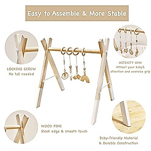 Wooden Baby Play Gym, PgUp Foldable Baby Gym with 4 Wooden Baby Hanging Toys for Play & Learn, Baby Activity Gym Frame Hanging Bar Toddler Gym Newborn Gift for Baby Girl and Boy